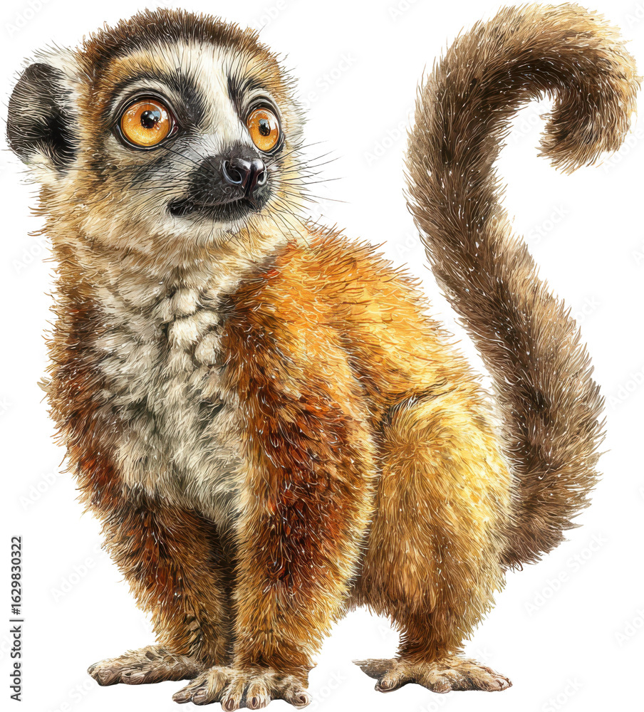Cute ring tailed lemur with big yellow eyes and fluffy tail standing on ...
