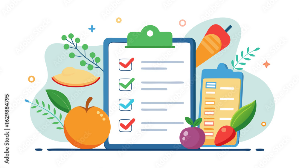 Vector art of healthy eating checklist with fresh fruits and vegetables ...