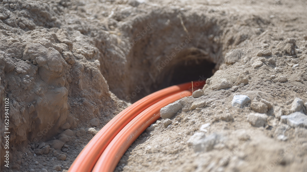 Underground fiber optic cable installation, orange conduit, dirt trench ...