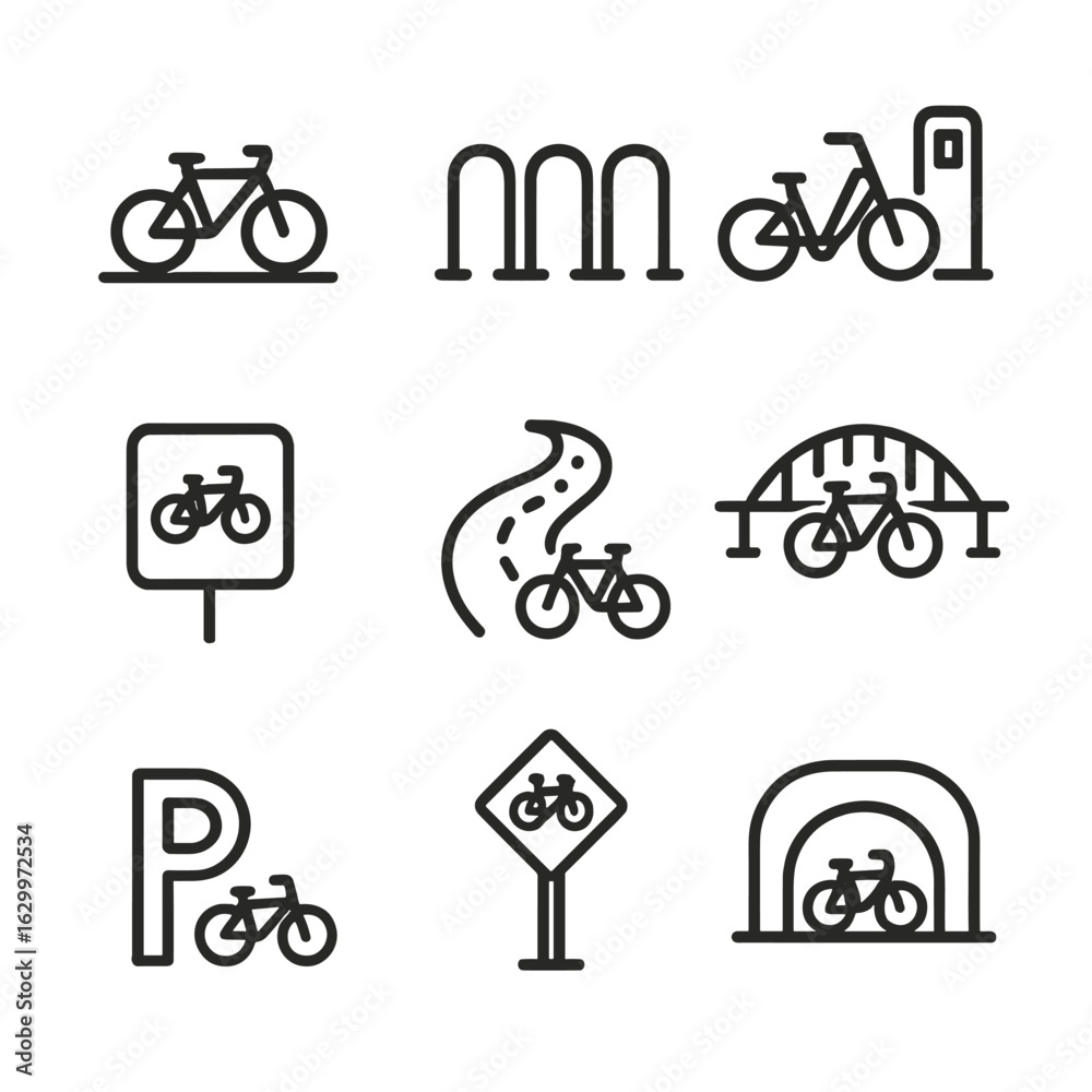 Biking Infrastructure Icons. Outline icon set of biking infrastructure ...