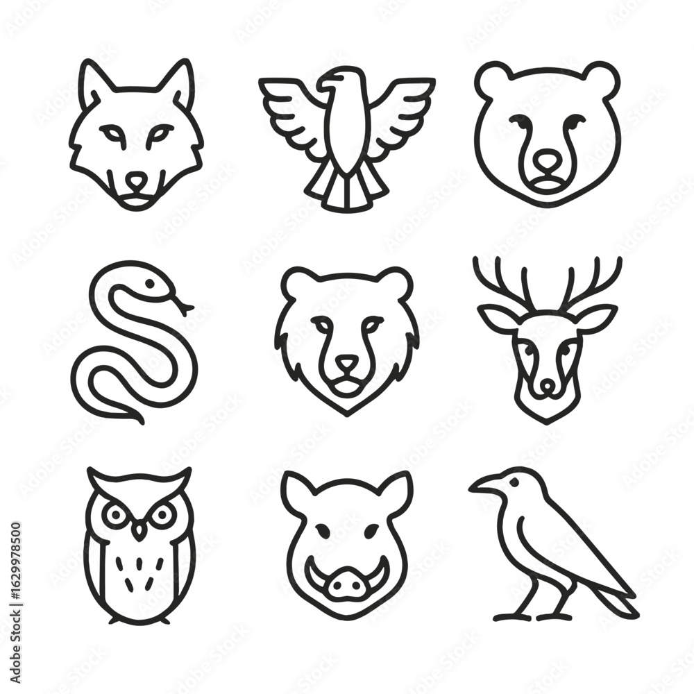 Clan Animal Icons. Outline icon set of clan animals and totems: wolf ...