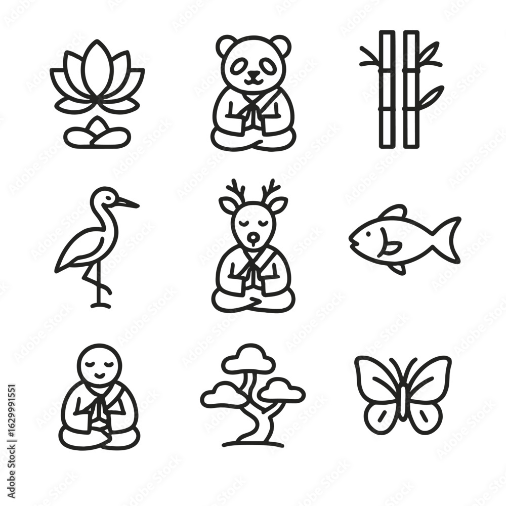 Monk Animal Icons. Outline icon set of monk animals and nature: lotus ...