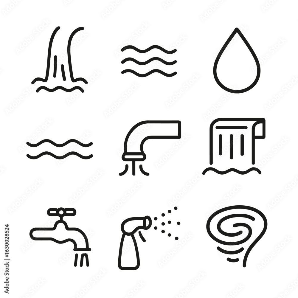 Liquid Flow Icons. Outline icon set of liquid flow: water stream, river ...