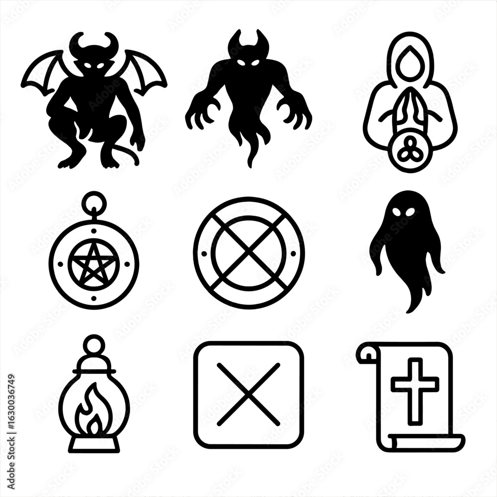 Mythical Demon Icons. Outline icon set of mythological night demons ...