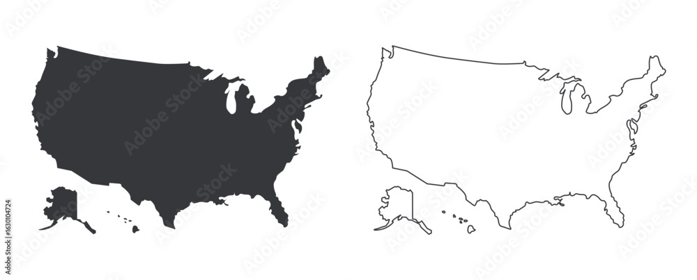 Bundle of USA map icons : outline and solid black styles, United States ...