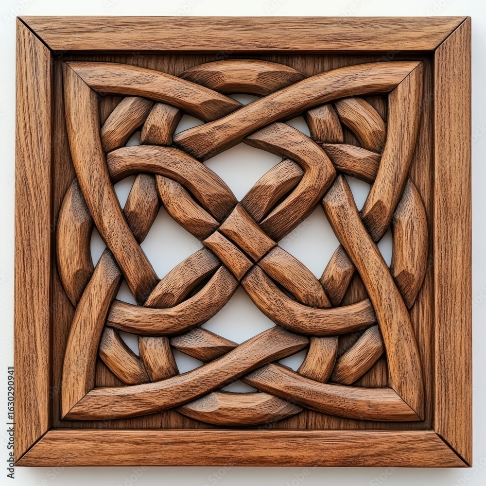 Intricate wooden bas-relief panel. Square, framed carving with detailed ...