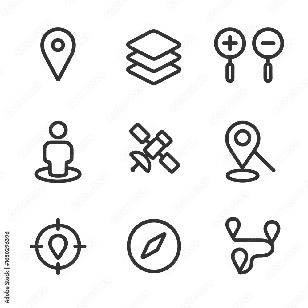 Route Mapping Icons. Outline icon set of route mapping elements: pin ...
