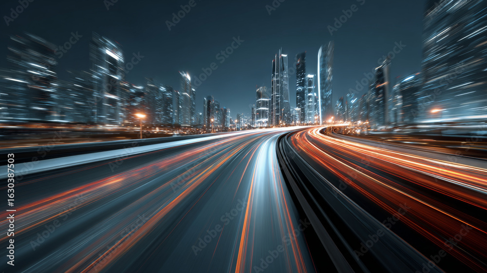 3D Rendering of highway in city. High speed motion blur. Concept of ...