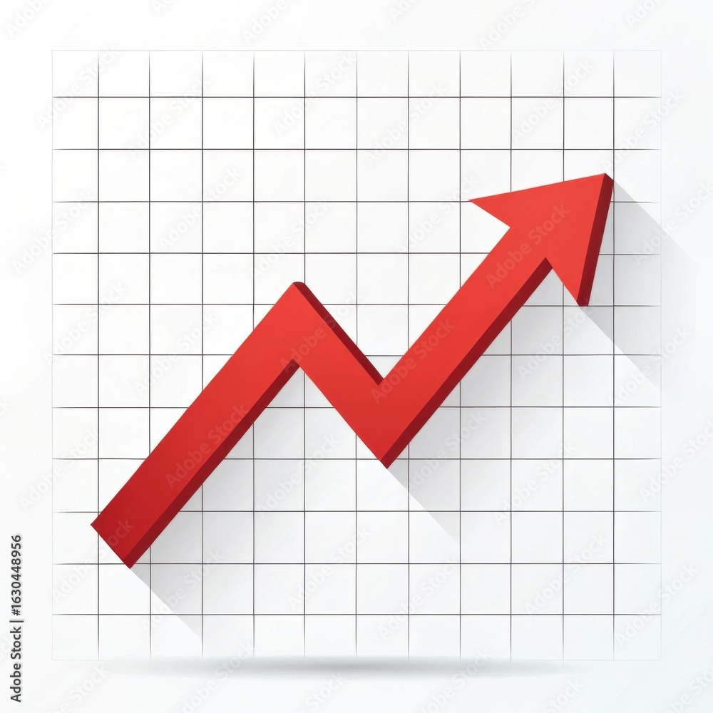Red arrow graph with sharp angles moves upward on grid background ...