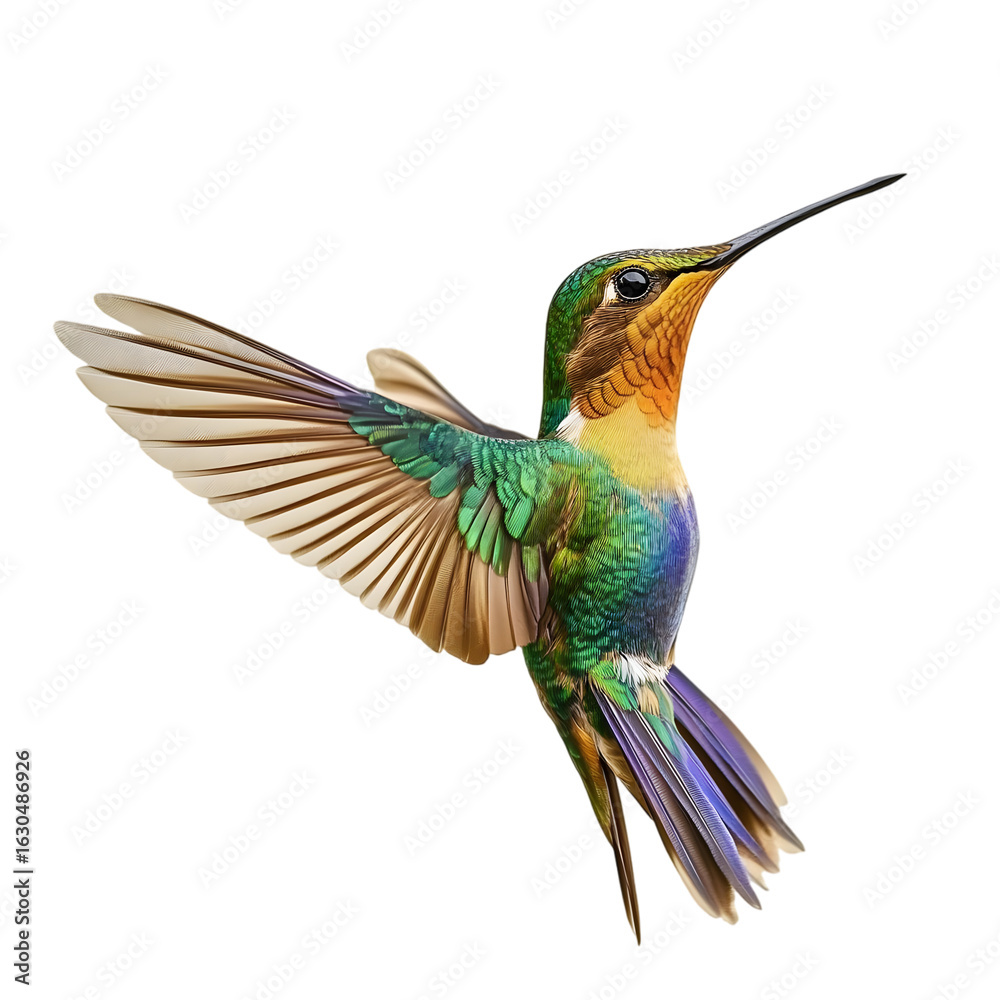 Hummingbird flying and drinking nectar from a flower, isolated on ...