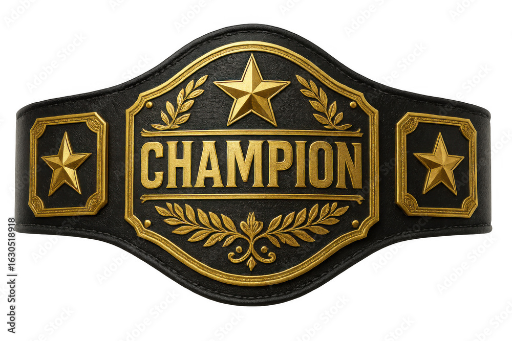 Black leather champion belt with golden stars, laurel wreath, and the ...