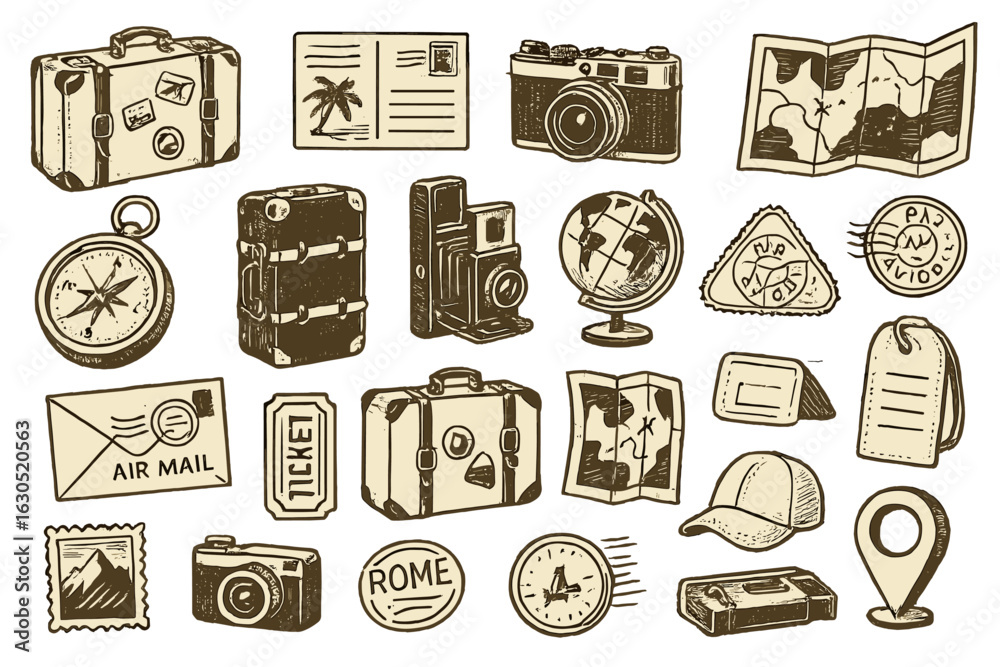 Vintage Travel Icon Set with Suitcases, Cameras, Maps, Tickets, Compass ...