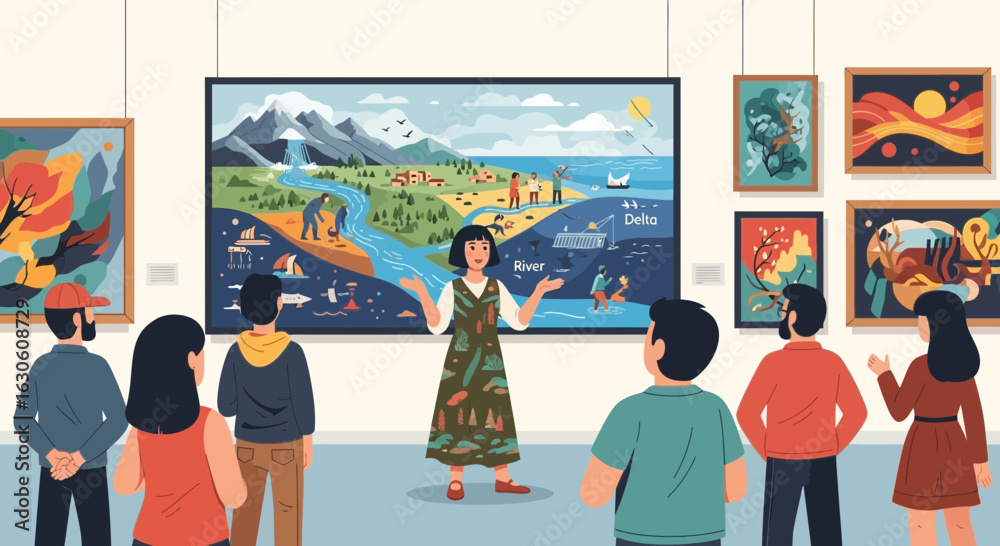 Art Gallery Tour Visitors Admiring Nature Themed Paintings And ...