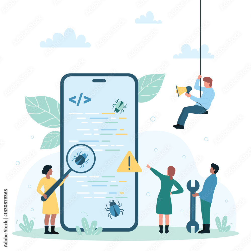 Bug report on phone screen, cyber security vector illustration. Cartoon ...