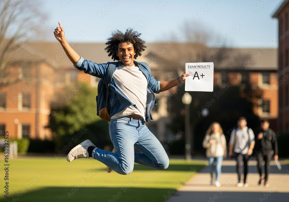 Celebrating Academic Triumph, a joyful student jumps high holding his ...