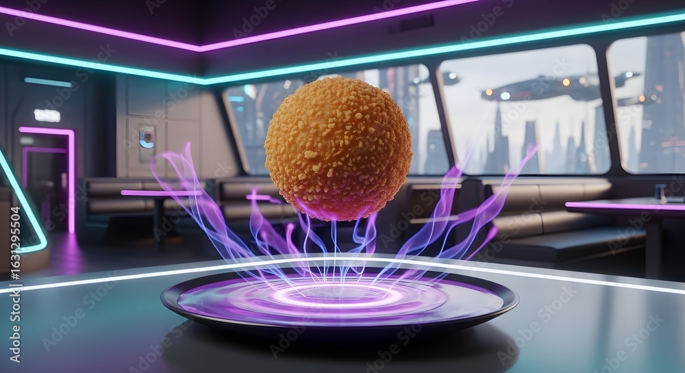 "Deep-fried snack ball levitating with plasma dipping sauce in a sci-fi ...