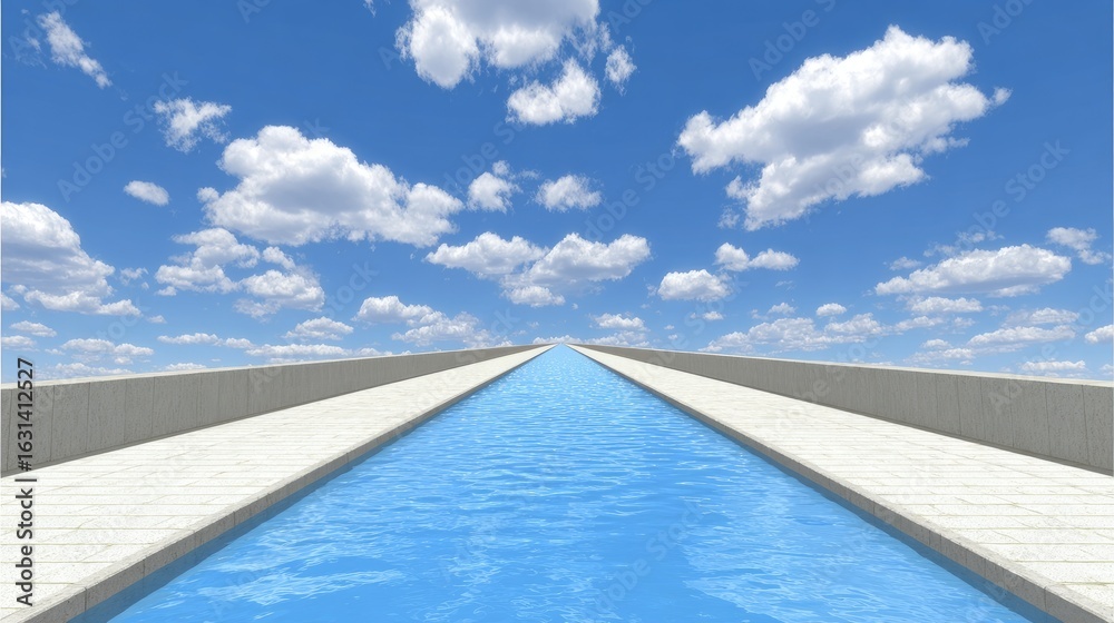 Elevated waterway with a paved walkway under a vast sky. Stock Photo ...