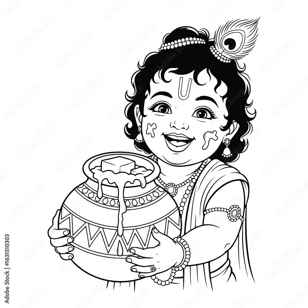Illustration of baby krishna holding pot of butter outline colouring ...
