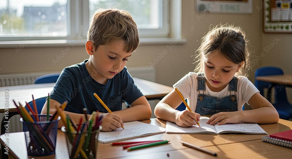 Kids in classroom focus on learning process. Deep learning with ...