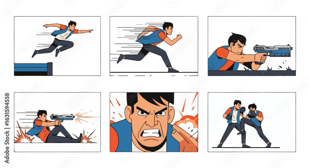 Vector de Stock Animated action comic panels featuring a character in ...