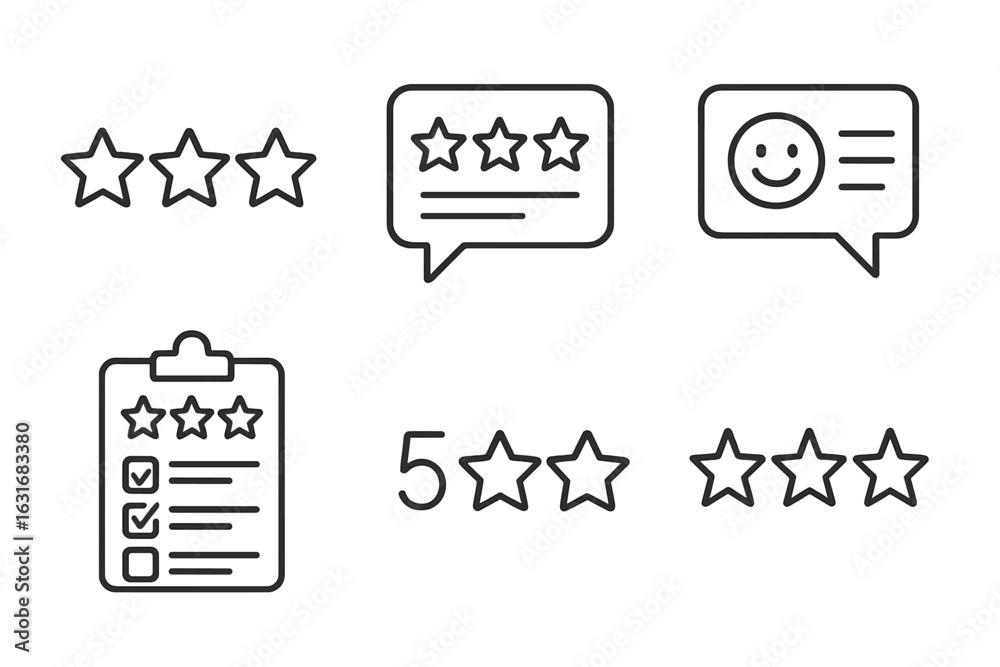 Star rating icons: feedback, review, checklist, and smiley face in ...