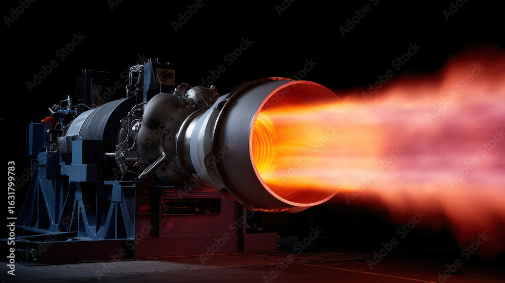 Stock-Foto „Rocket engine test fire with bright orange flame and dark ...
