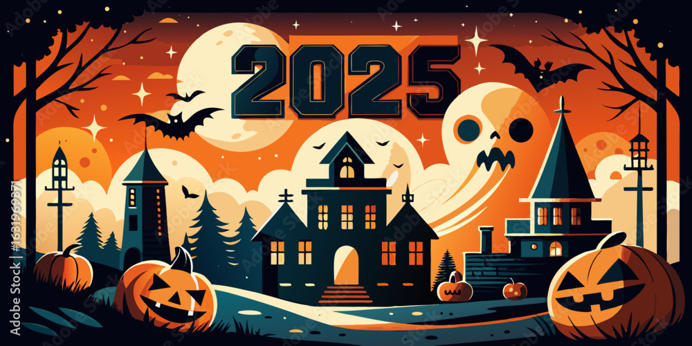 Spooky 2025 Halloween night with haunted houses, pumpkins, bats, and a ...