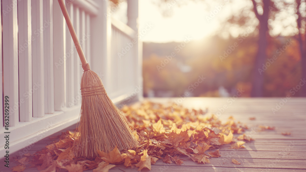 Weathered straw broom leaning against white porch railing, waiting near ...
