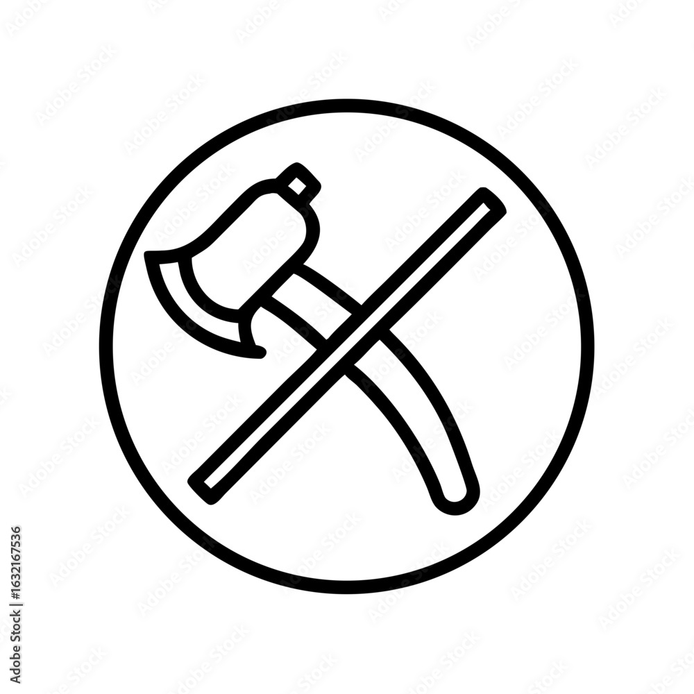 Black line icon of an axe crossed out in a circle, representing no ...