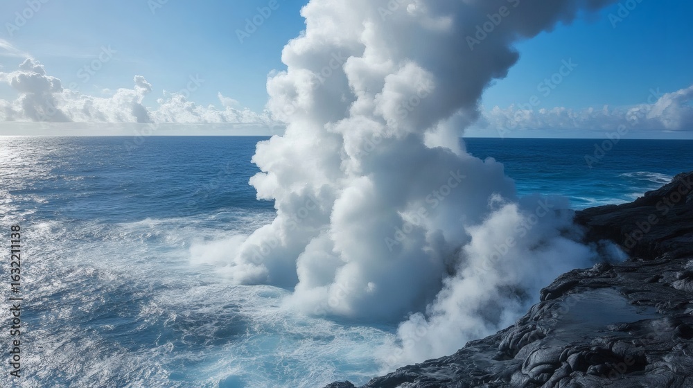 Steam rising from the ocean near volcanic rock formations. Stock Photo ...