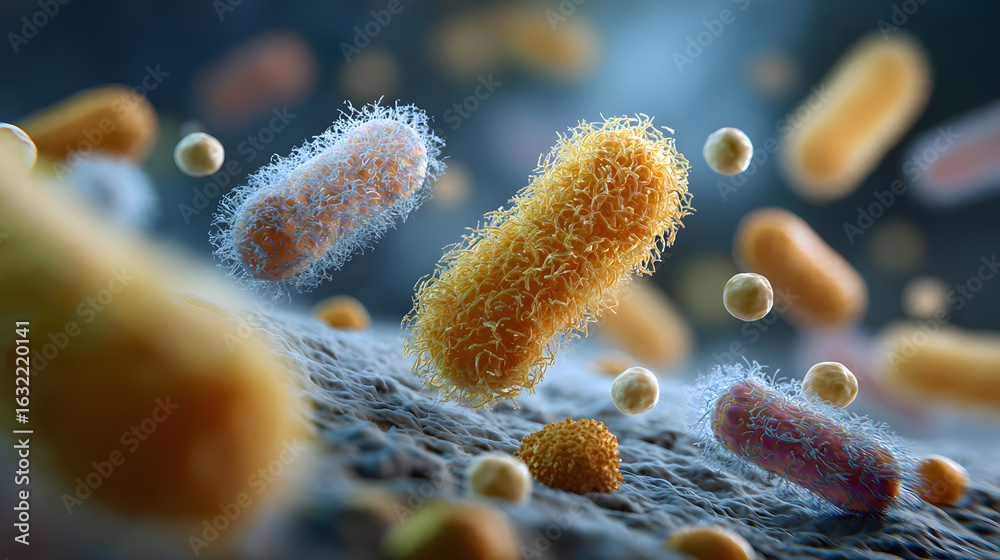 3D render of tiny bacteria and therapeutic organisms including ...