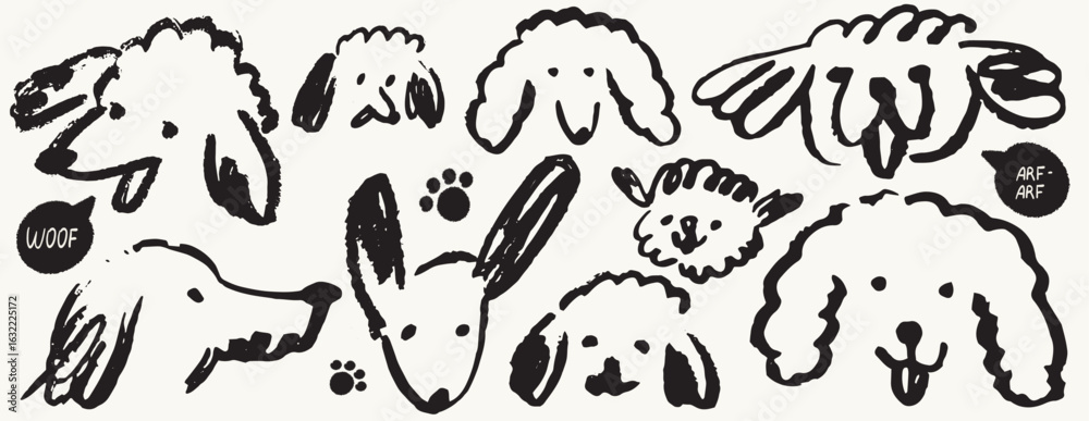 Scribble chalk or charcoal style dogs set. Hand drawn puppy sketches ...