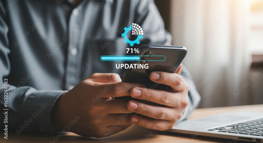 Smartphone software update progress bar at 71%. Modern tech with ...