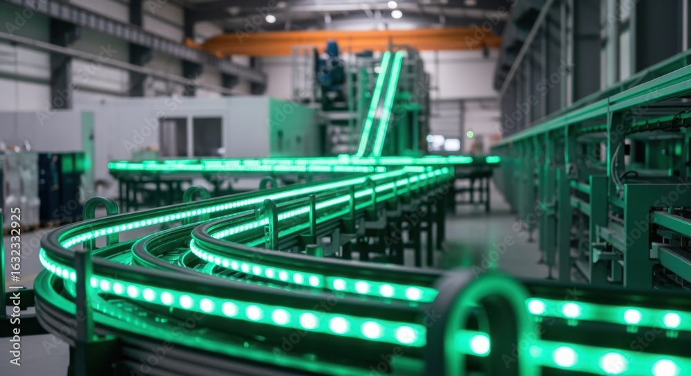 Glowing conveyor track with green LED lights in a large production ...