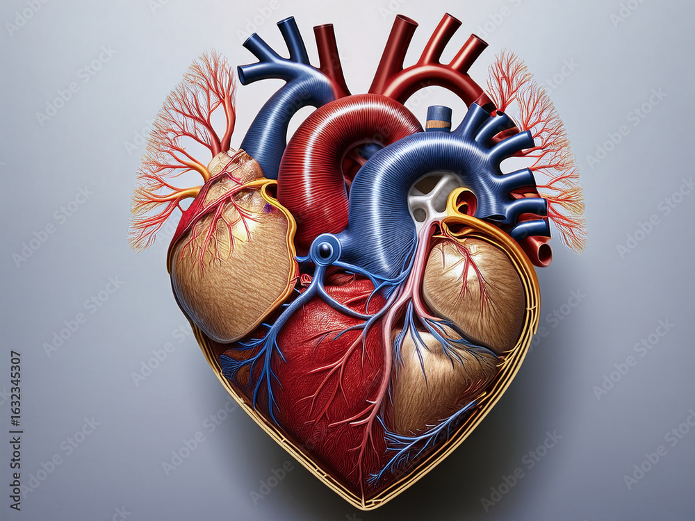 Heart cross-section showing chambers and vascular system in detail ...
