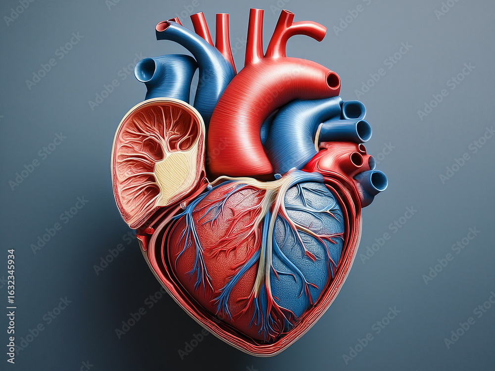 3D heart cross-section highlighting blood flow and cardiac anatomy ...