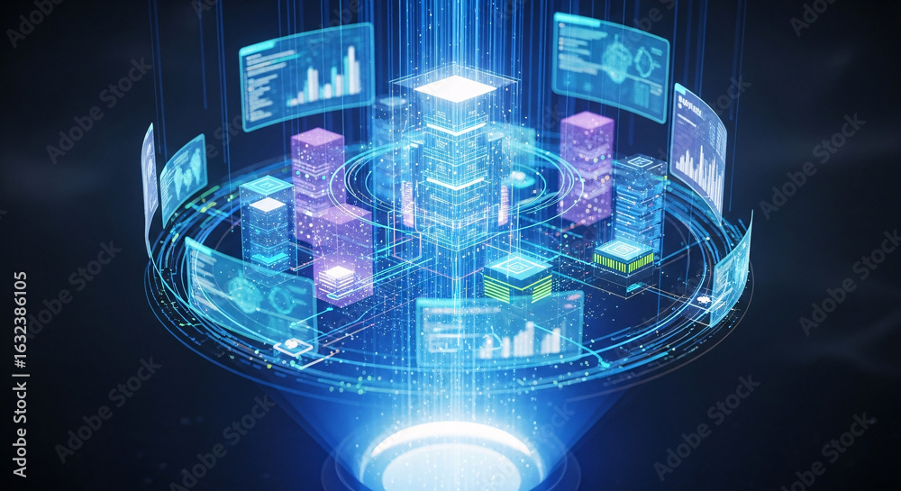 Futuristic holographic data hub with glowing blue towers and floating ...