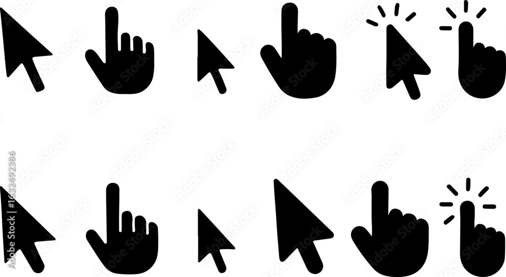 Collection of diverse computer mouse cursor pointer icons and hand cursors in a black silhouette ...