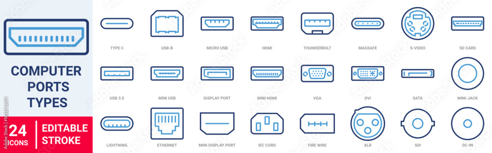 Computer ports types, electronic device input cable cords. Vector ...