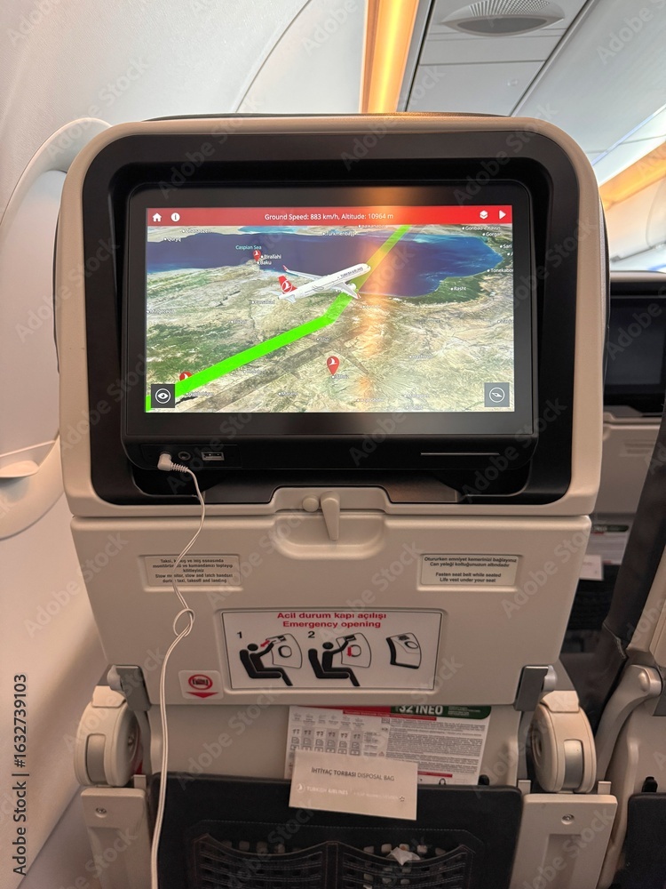 Airbus Airplane seat with map showing flight route over Iran. Turkish ...