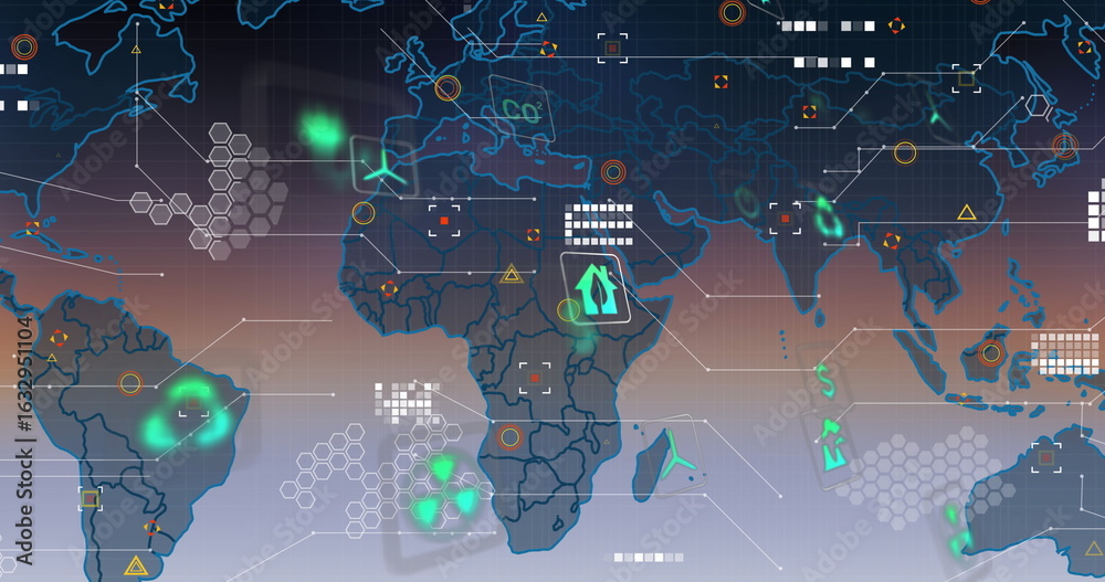 Digital world map showing heatmap spots, hex grids, warning markers and ...