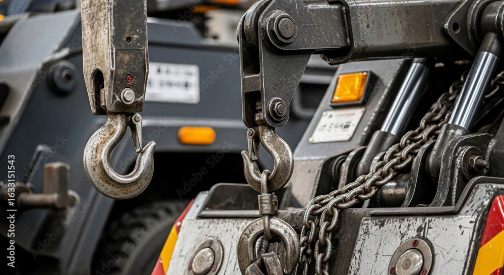 Close-up view of a tow truck's hook and chain, showing mechanical ...