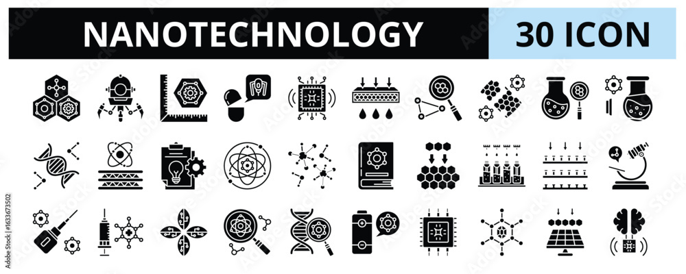 30 Nanotechnology Glyph Icons Vector - Nanorobotic, Chemical, Nano ...