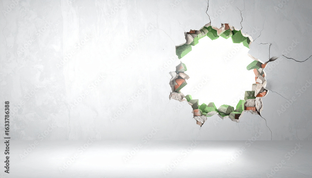 Hole in cracked white wall with broken bricks and green paint inside ...