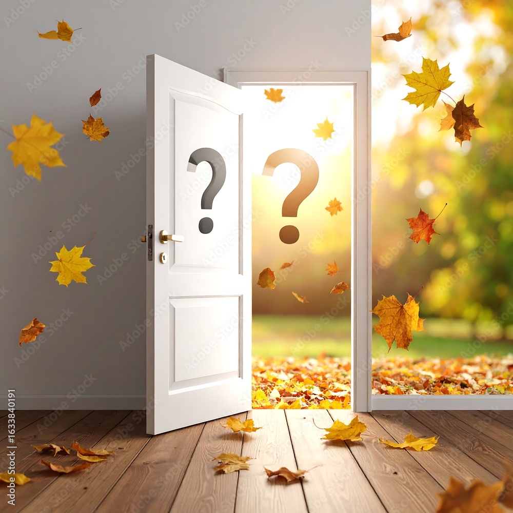 Open door, autumn leaves fall, question marks Stock Photo | Adobe Stock