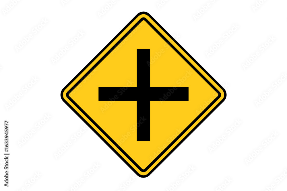 Intersection road sign yellow diamond shape. Crossroad traffic warning ...
