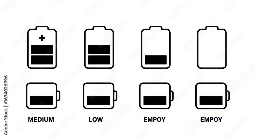 Illustrative icons displaying various battery power levels indicating ...