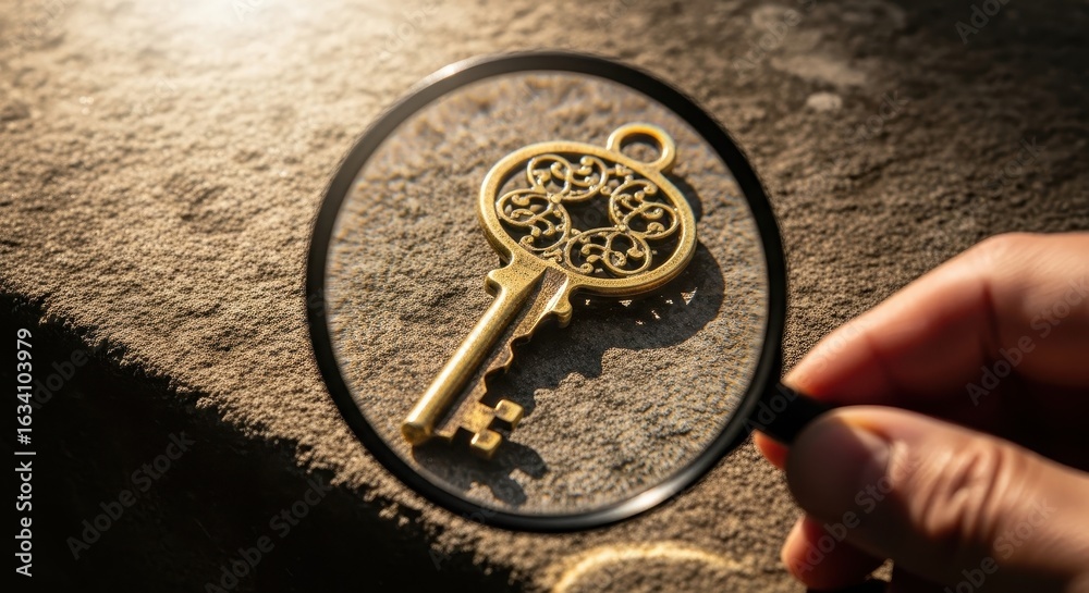 Discovering Secrets Magnifying Glass Reveals an Antique Golden Key on a ...