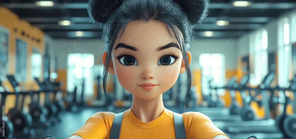 Cartoon character cycles hard on a gym stationary bike with monitors ...