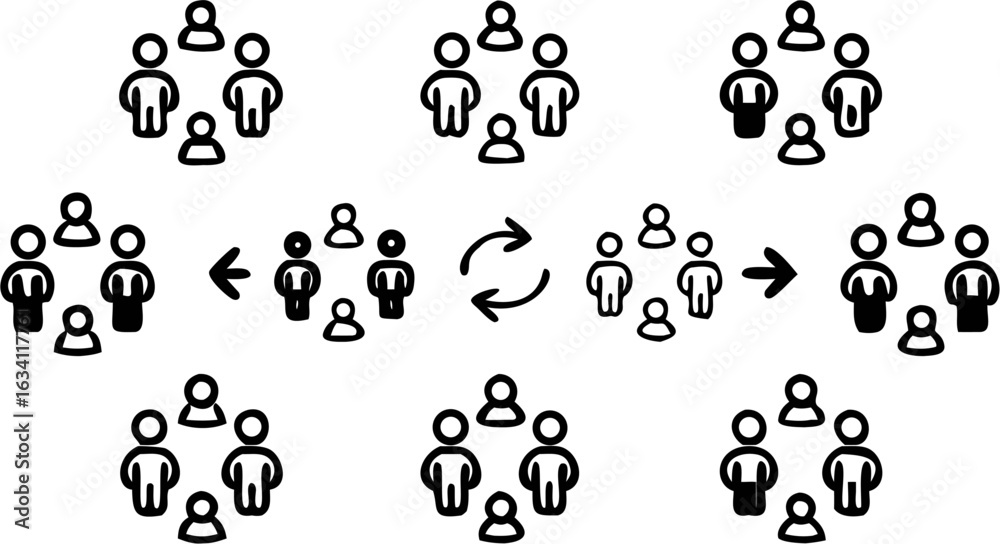 Illustration showing groups of people with arrows depicting movement ...